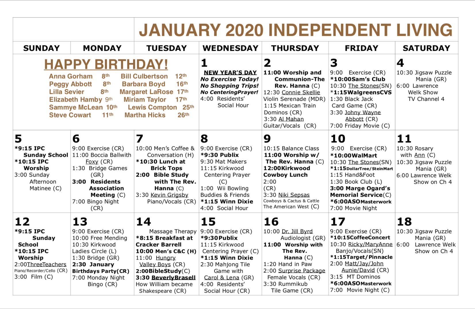 Program Calendars for January - Kirkwood