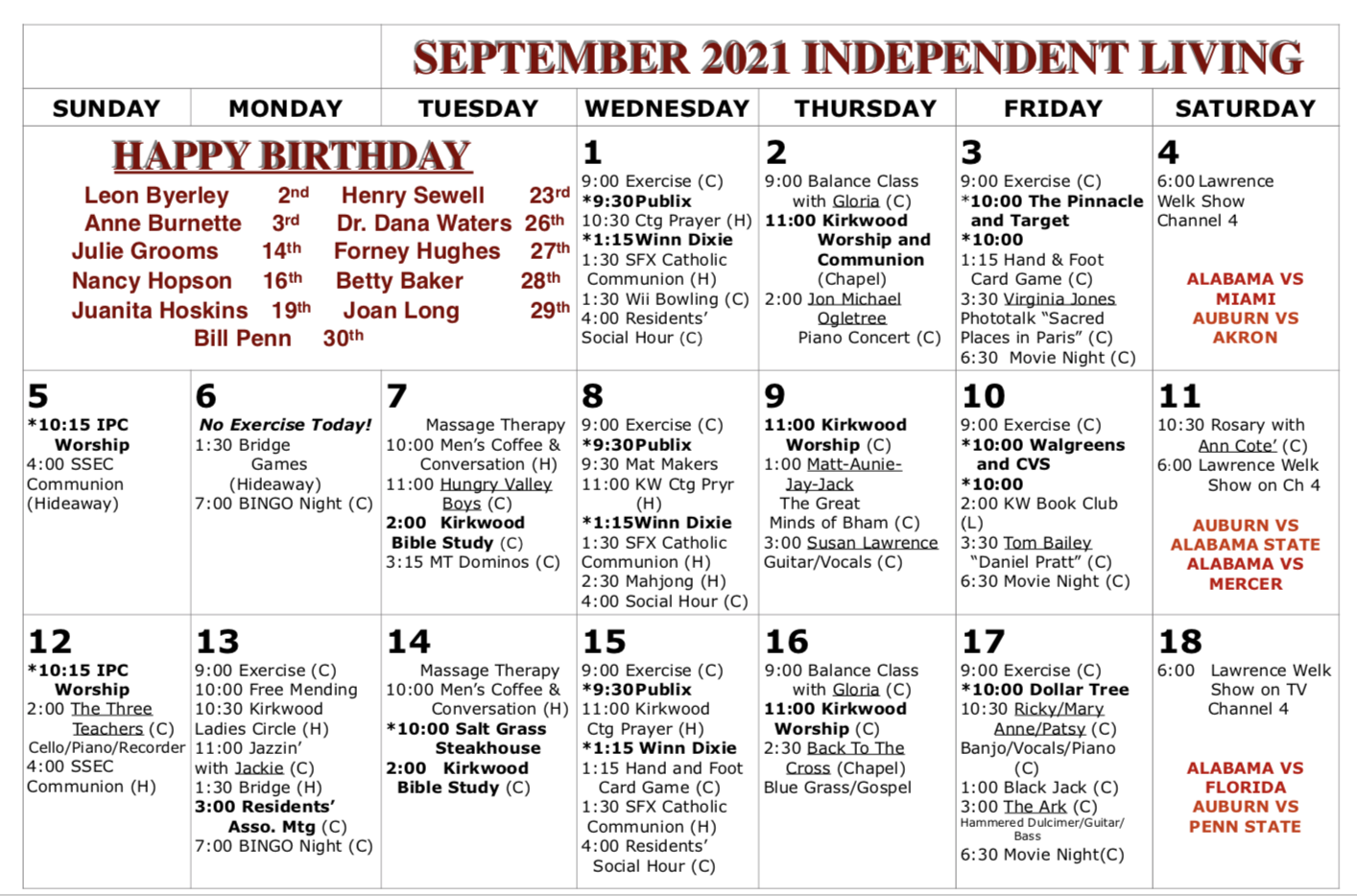 September Programs Calendars - Kirkwood