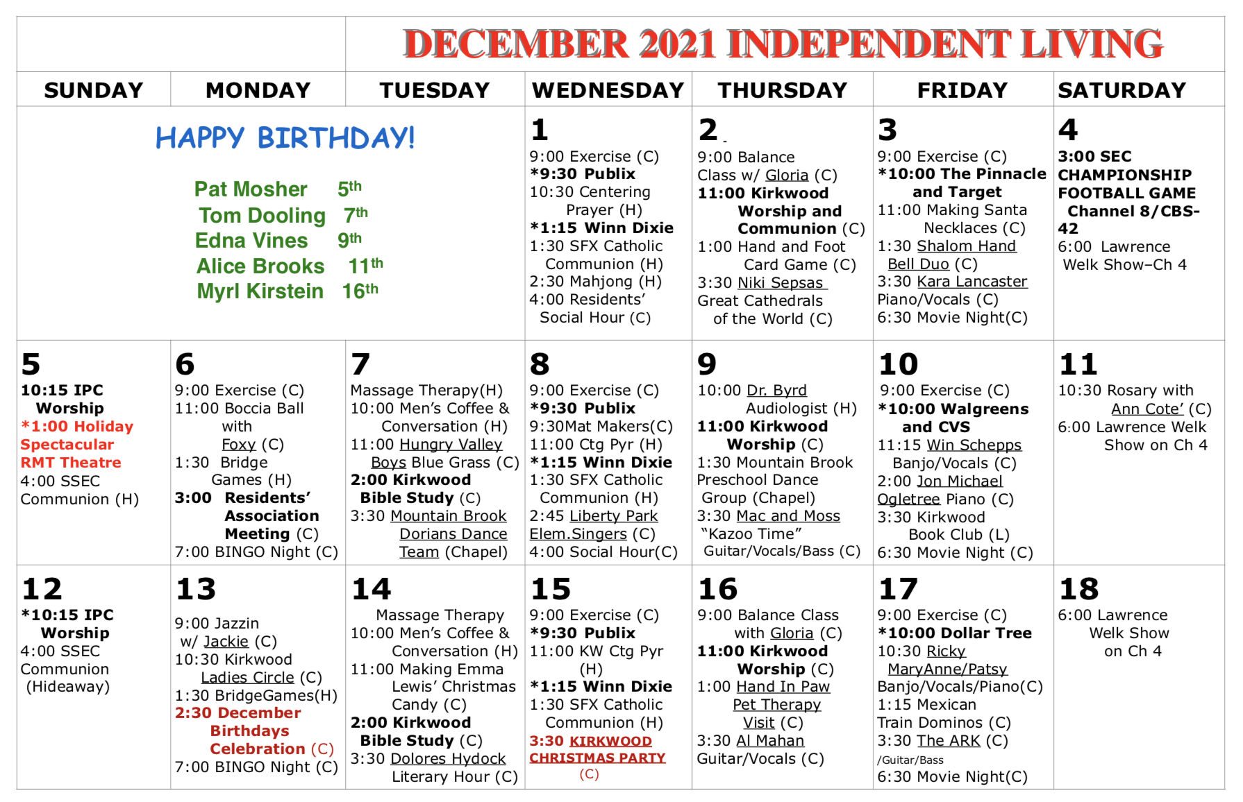 December 2021 Calendars - Kirkwood